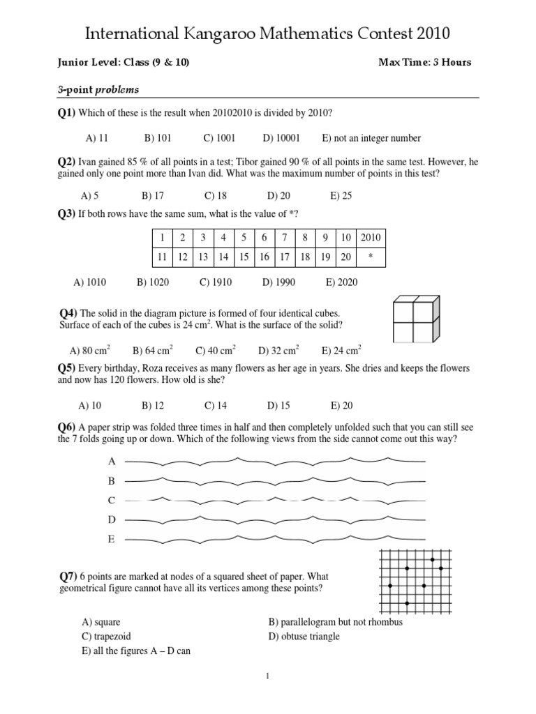 International Kangaroo Mathematics Contest 2010: Junior Level: Class (9 ...
