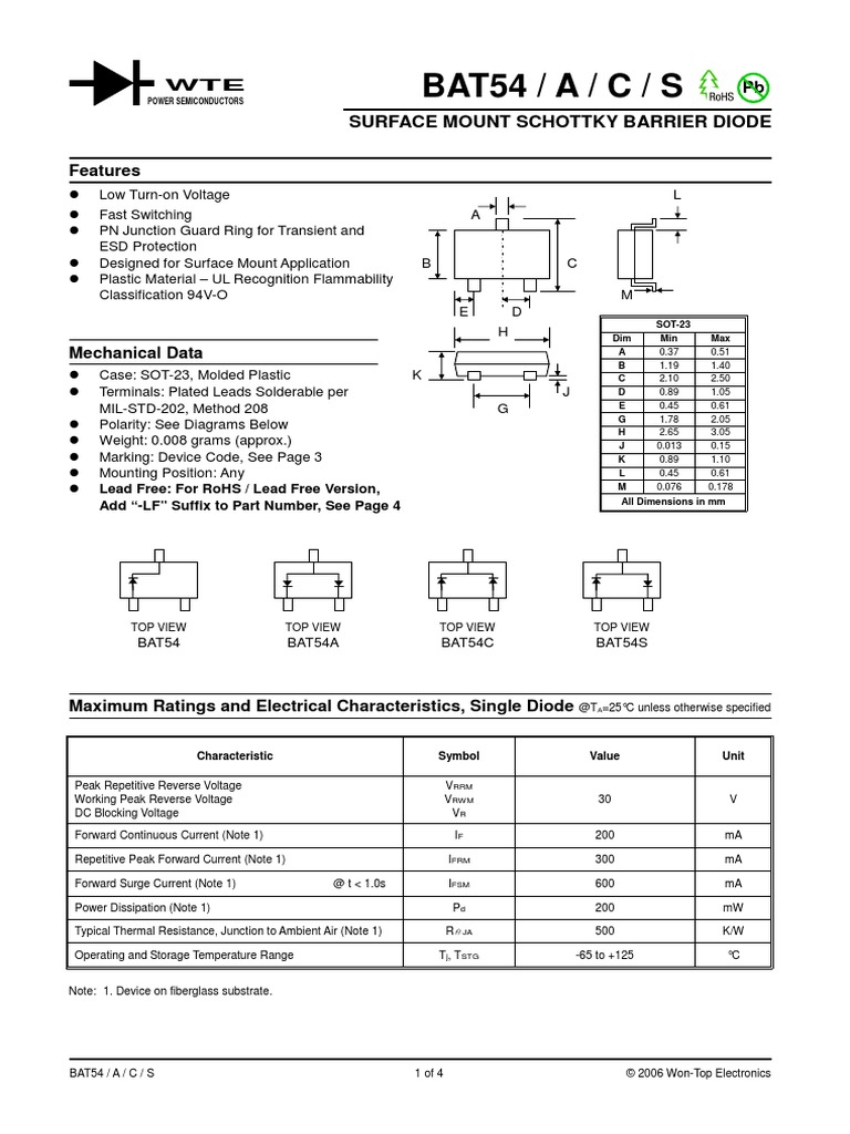 BAT54 Series WTE - (L4,L42,L43,L44) (KL1,KL2,KL3,KL4) Tipo SOT23 | Diode | Semiconductors