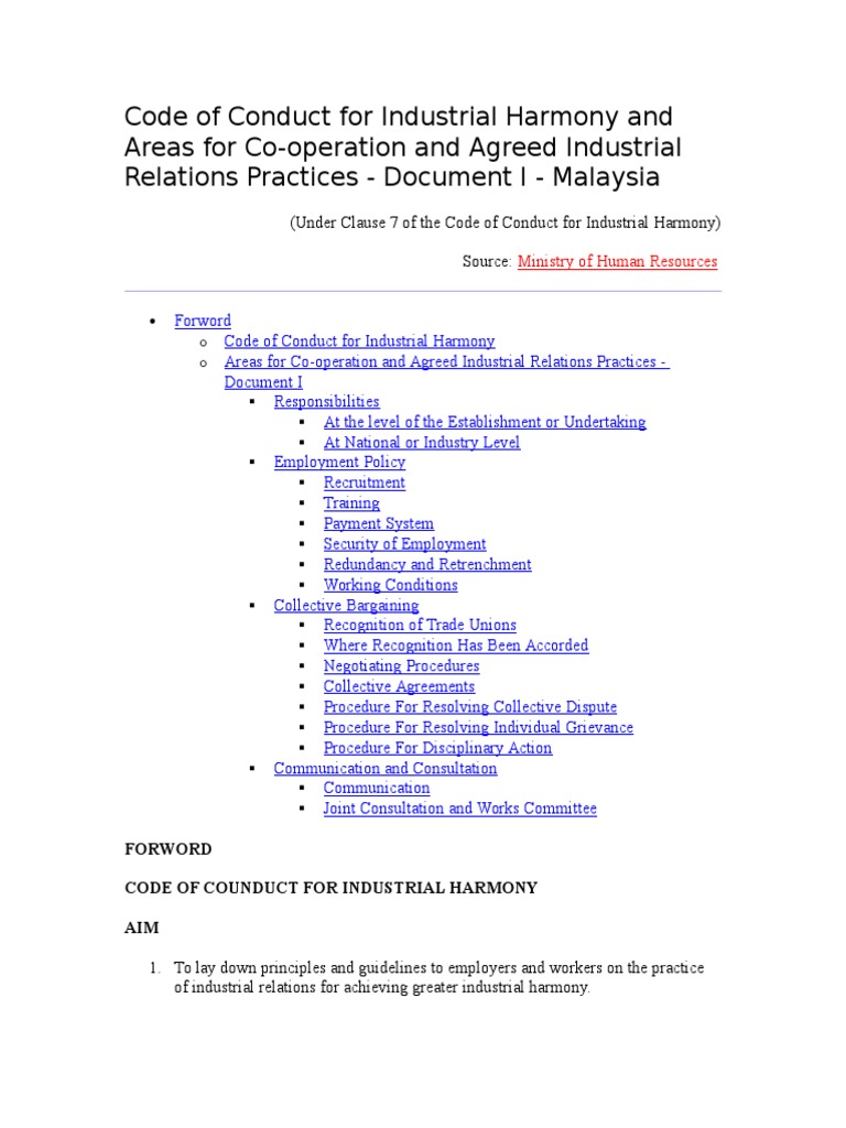 Code of Conduct For Industrial Harmony and Areas For Co | PDF | Layoff ...
