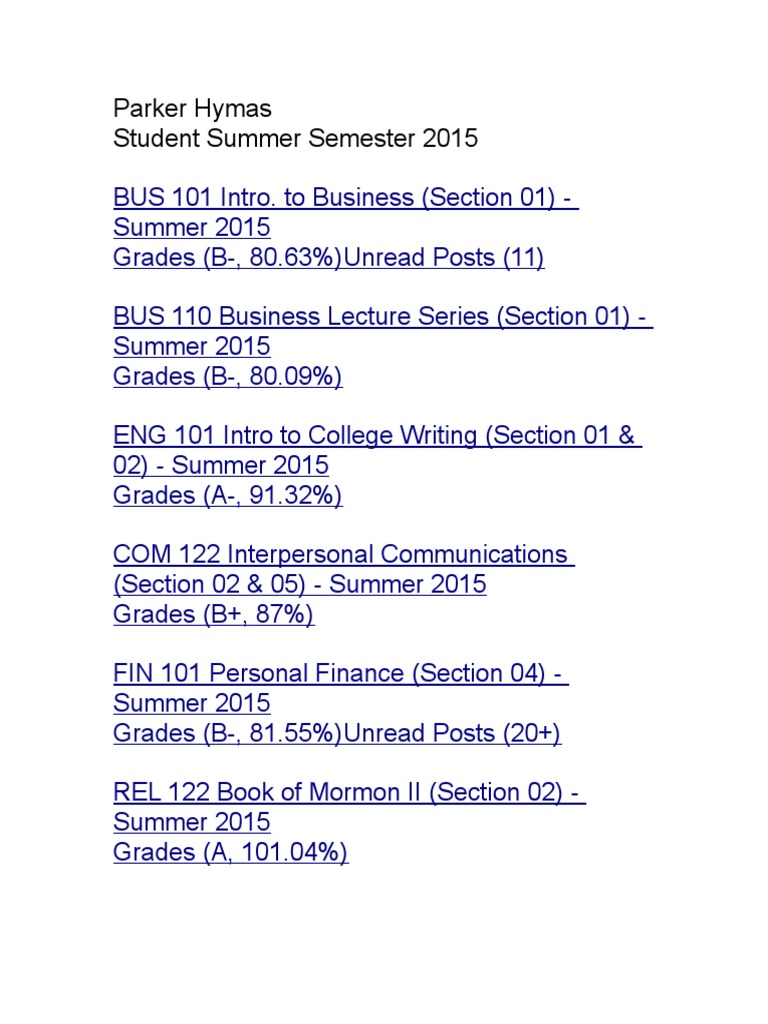 Parker Hymas Summer 2015 Grades Report | PDF | Career & Growth