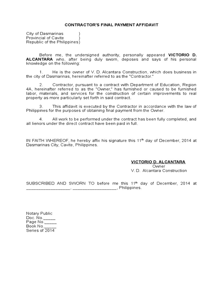 Contractor's Final Payment Affidavit | PDF