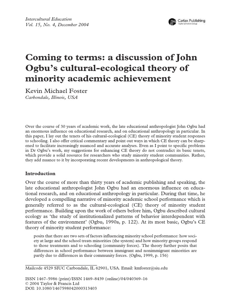 John Ogbu's Cultural Ecological Theory | Minority Group | Anthropology