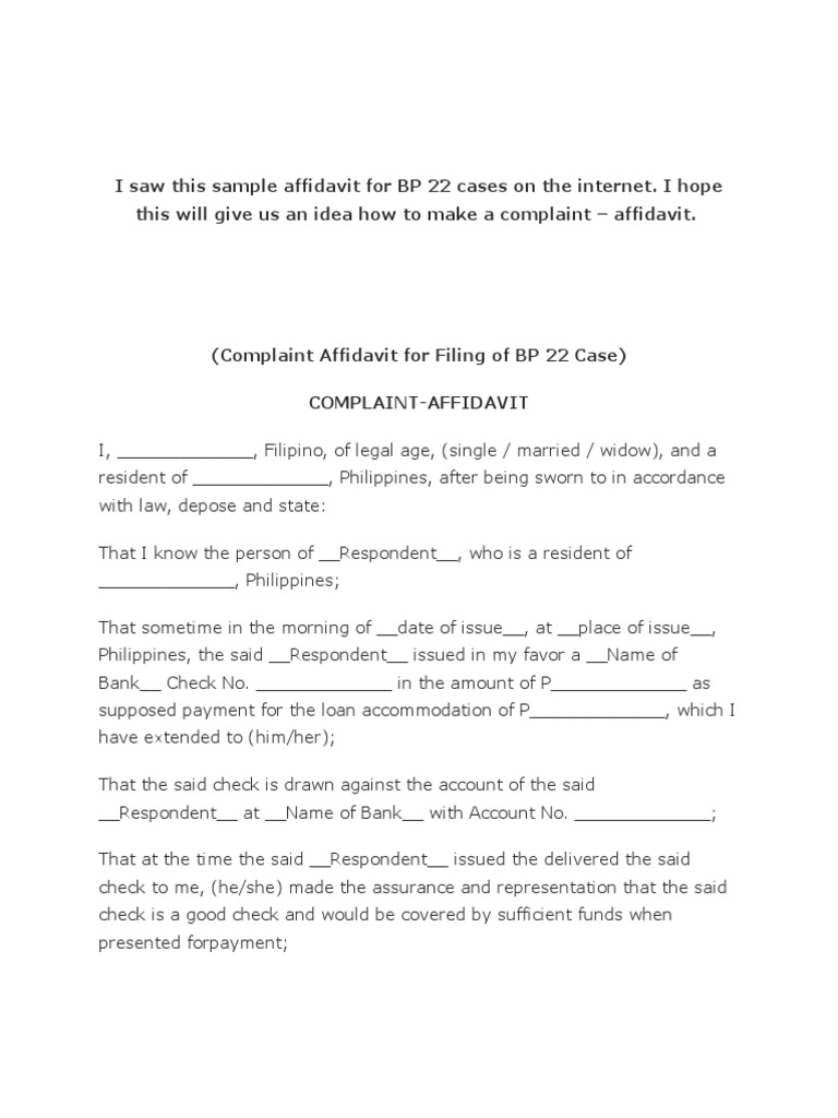 Sample Affidavit - Complaint | Cheque | Banking