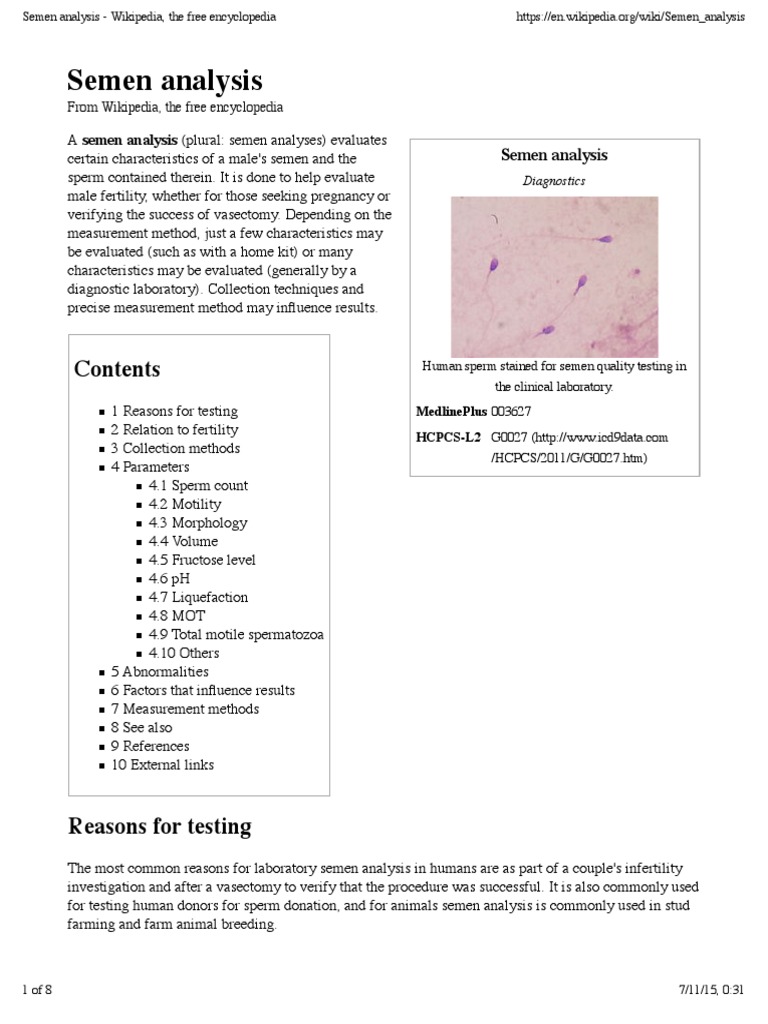 Wikipedia - Semen Analysis (CHECKED) | PDF | Semen | Reproduction