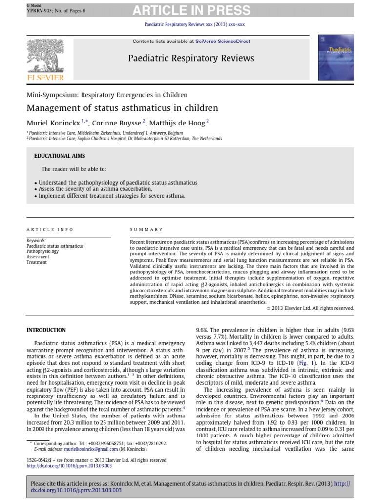 Management of Status Asthmaticus in Children Muriel Konickx 2013 | PDF ...