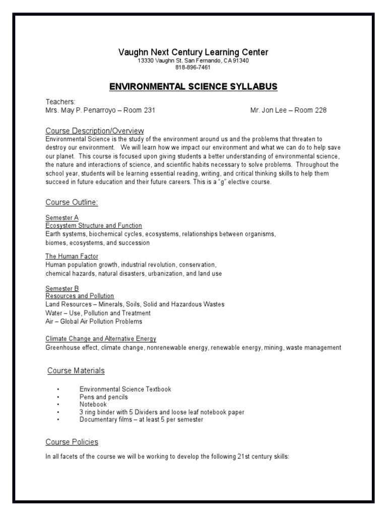 Environmental Science Course Syllabus | PDF | Environmental Science ...