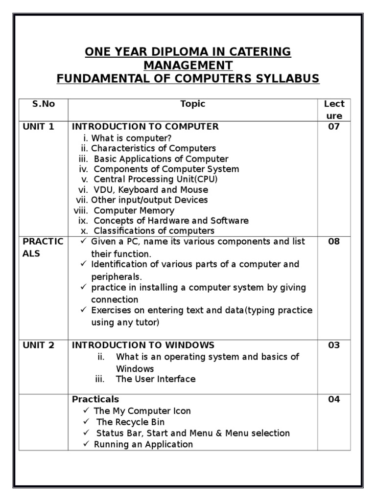 One Year Diploma in Catering Management Fundamental of Computers ...