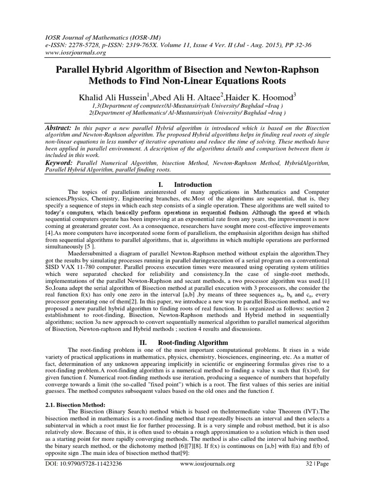 Parallel Hybrid Algorithm Of Bisection And Newton Raphson Methods To Find Non Linear Equations