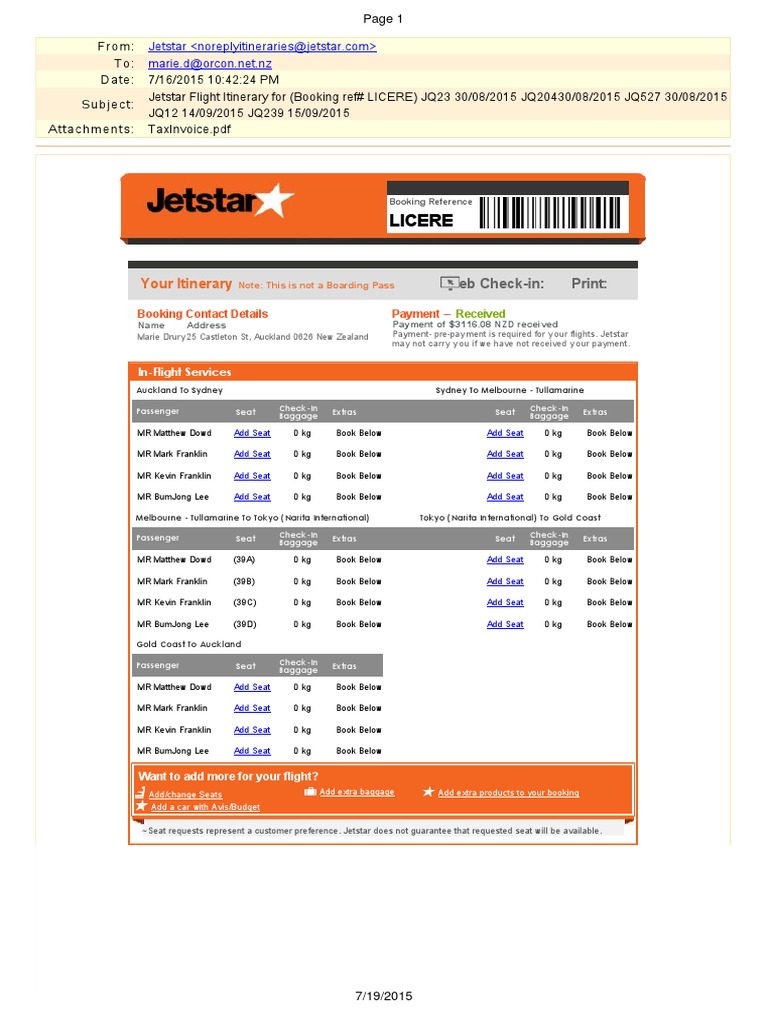 Jetstar Flight Itinerary for (Booking Ref# LICERE) JQ23 300820 ...