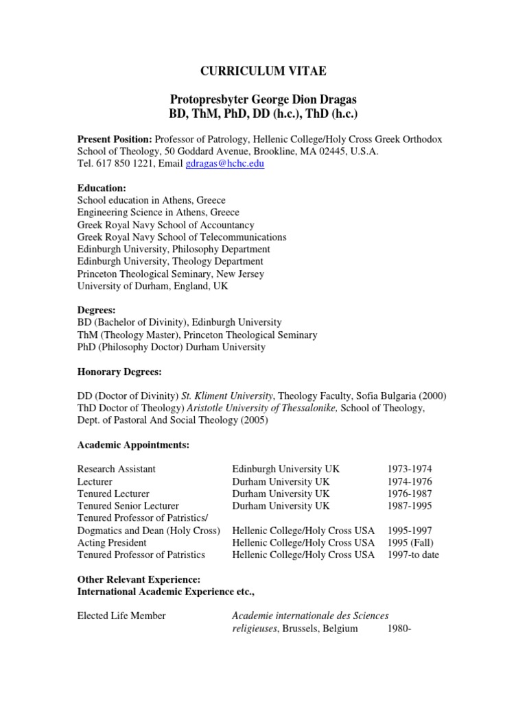 Curriculum Vitae Protopresbyter George Dion Dragas BD, THM, PHD, DD (H ...