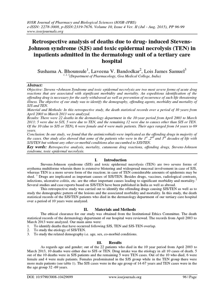 Retrospective Analysis of Deaths Due To Drug - Induced StevensJohnson ...