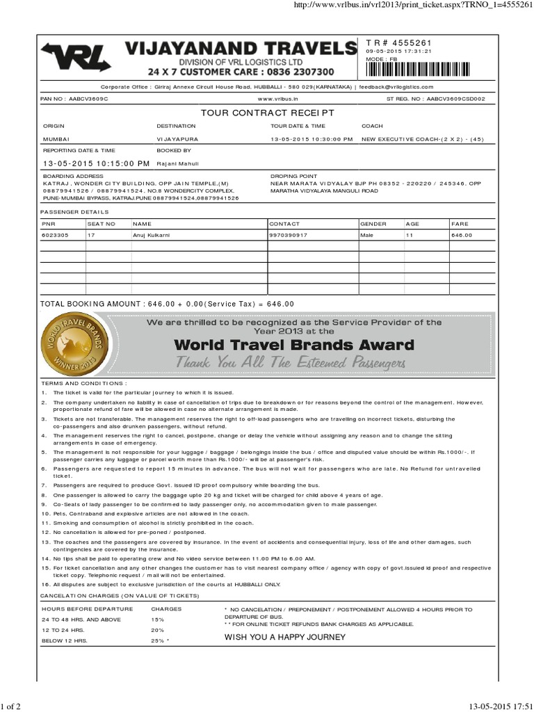 VRL Bus Ticket from Mumbai to Vijayapura | PDF | Ticket (Admission) | Baggage