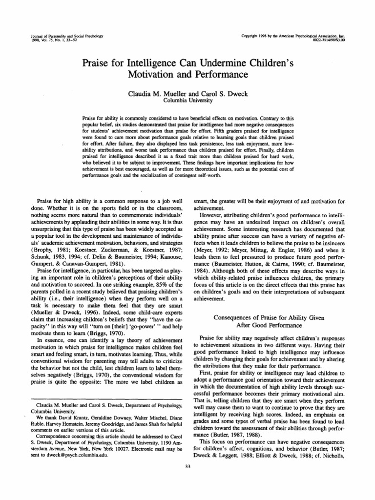 Dweck - Praise For Intelligence | PDF | Motivation | Motivational