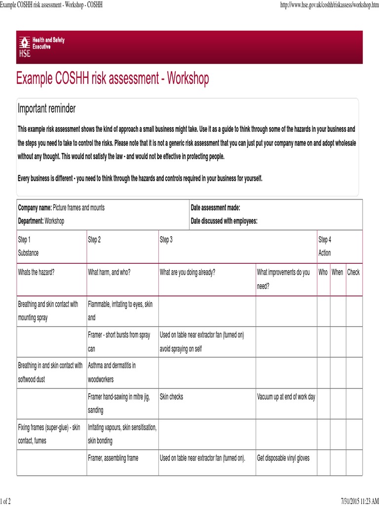 Example COSHH Risk Assessment - Workshop - COSHH | PDF | Emergency ...