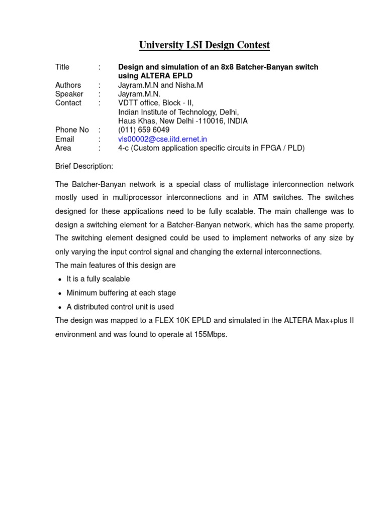 University LSI Design Contest: Design and Simulation of An 8x8 Batcher ...