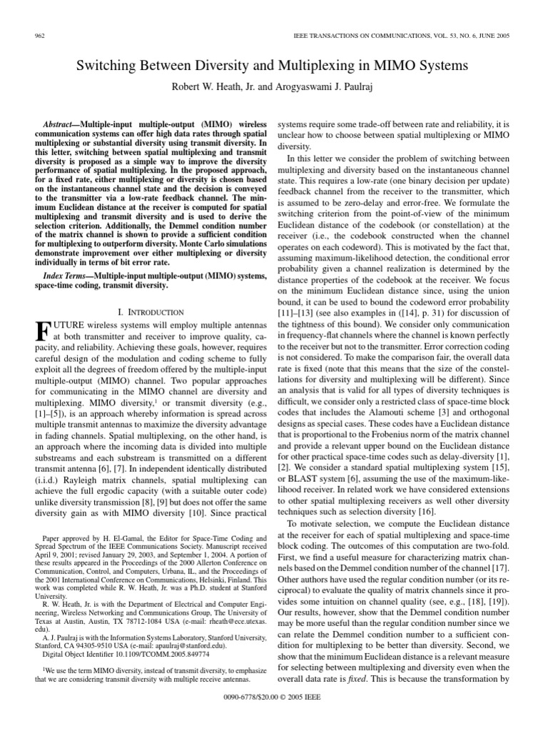 MIMO Systems: Switching Diversity and Multiplexing | PDF | Mimo ...