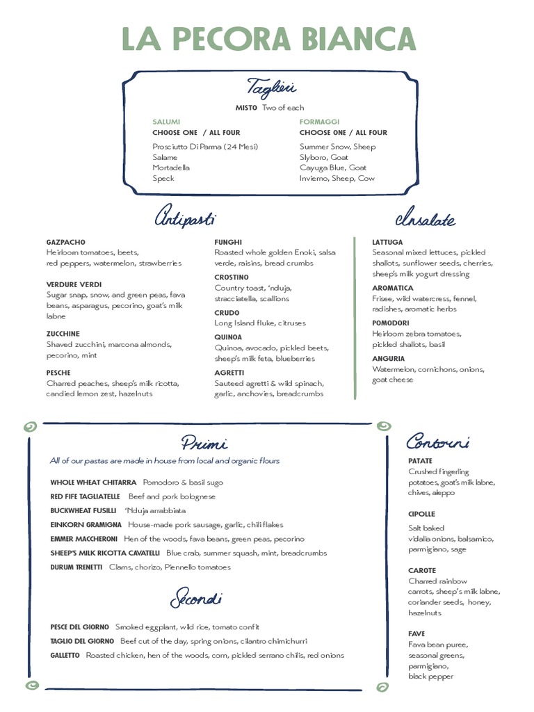 La Pecora Bianca Menu | PDF | Foods | Cuisine