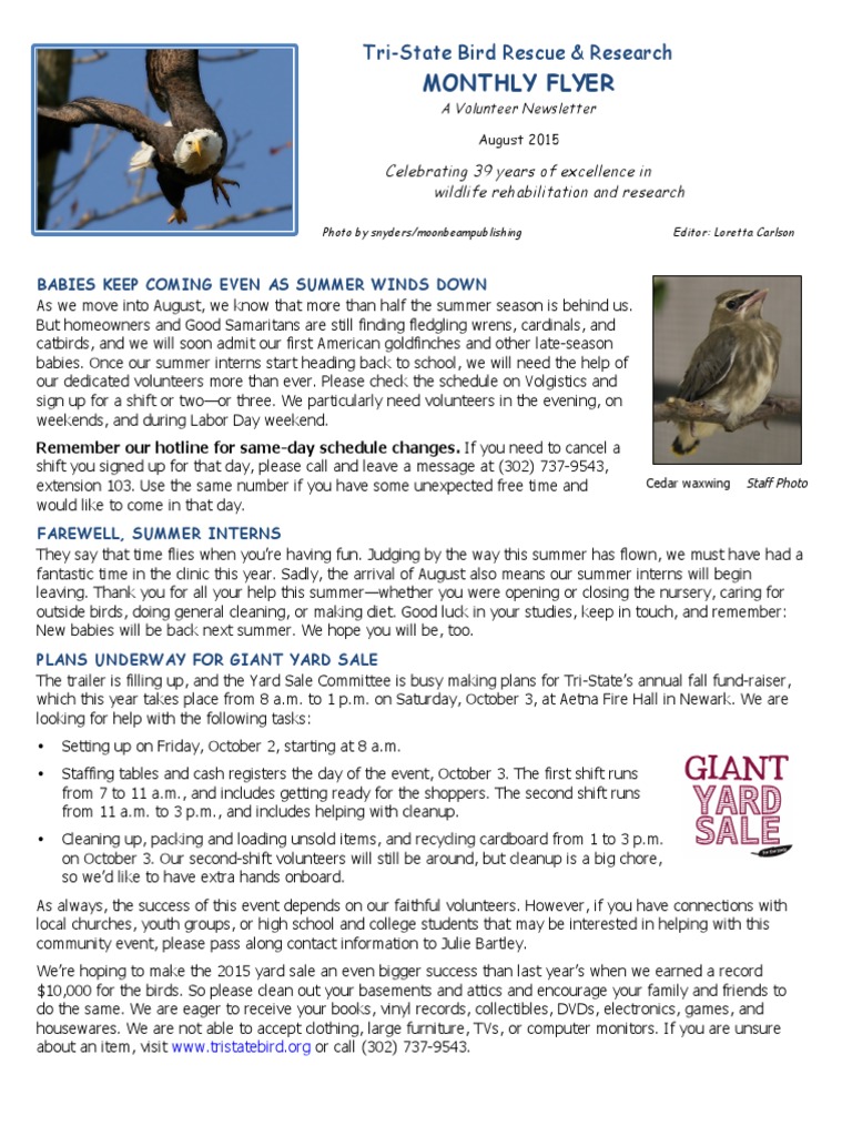 Monthly Flyer: Tri-State Bird Rescue & Research | PDF | Emergency ...