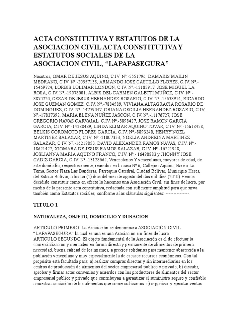 MODELO Acta Constitutiva y Estatutos de La Asociacion Civil Acta Constitutiva y Estatutos ...