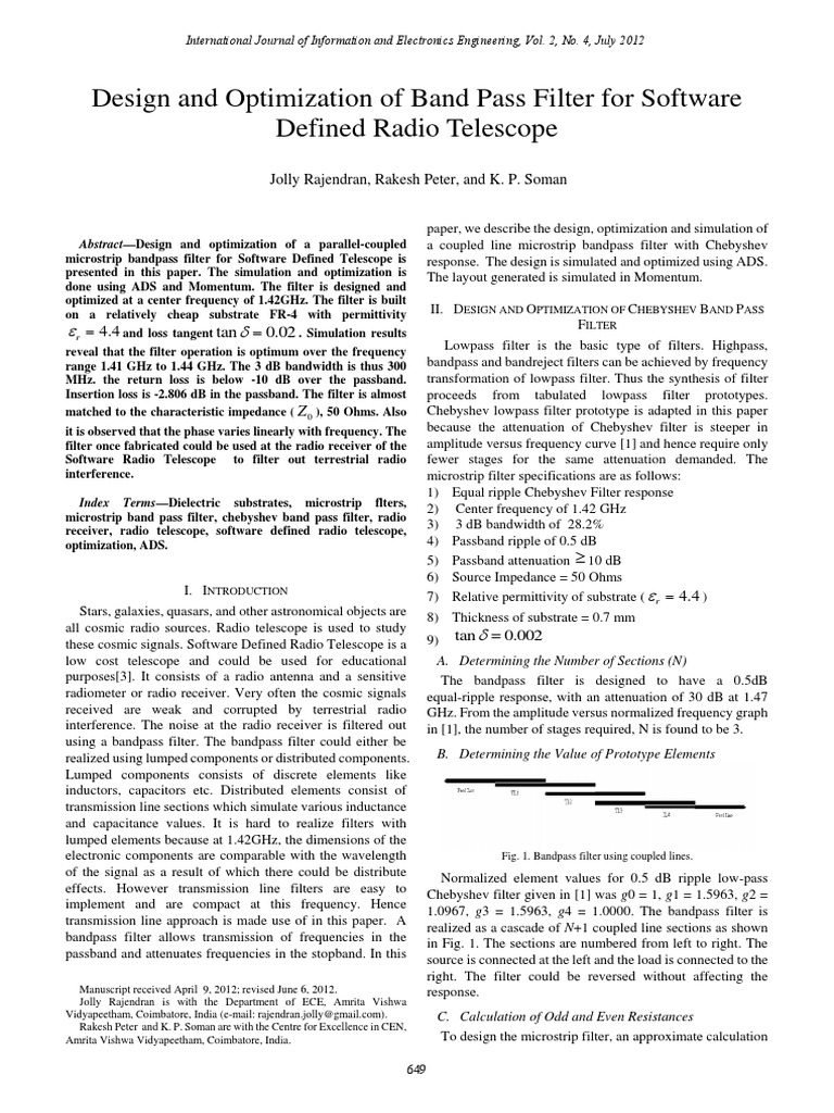 Design and Optimization of Band Pass Filter For Software Defined Radio Telescope | PDF ...