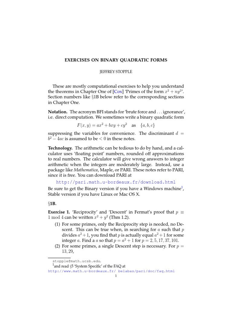 Exercises On Binary Quadratic Forms | PDF | Prime Number | Determinant