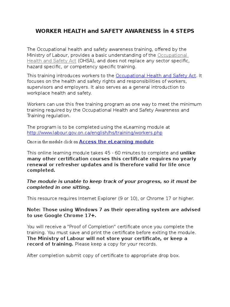 4 Steps to Worker Safety Awareness Certificate | PDF | Occupational ...