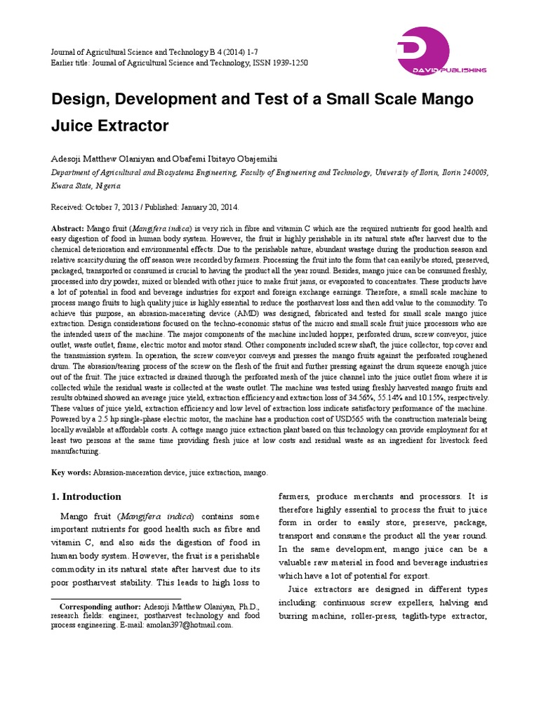 Design, Development and Test of A Small Scale Mango Juice Extractor ...