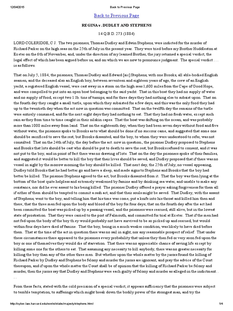 R V Dudley and Stephens PDF | PDF | Assault | Murder