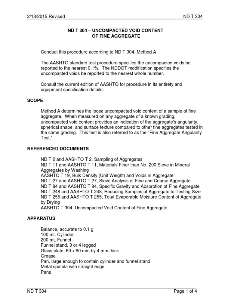 ND T 304 - Uncompacted Void Content of Fine Aggregate | Download Free ...