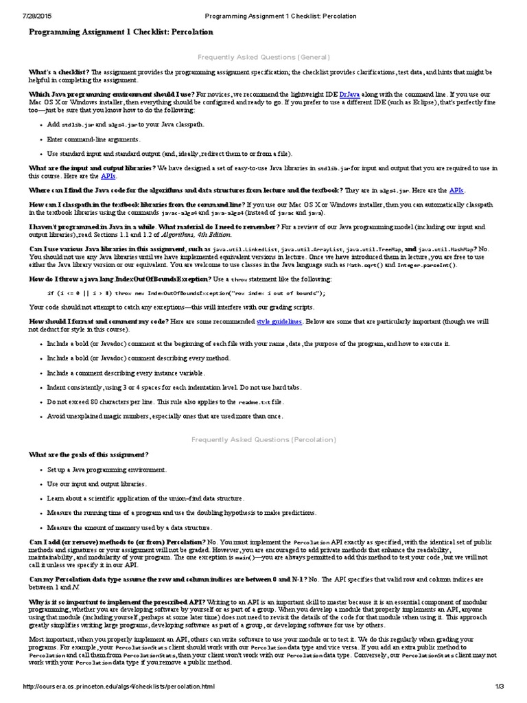 Programming Assignment 1 Checklist Percolation Pdf Java Programming Language Library