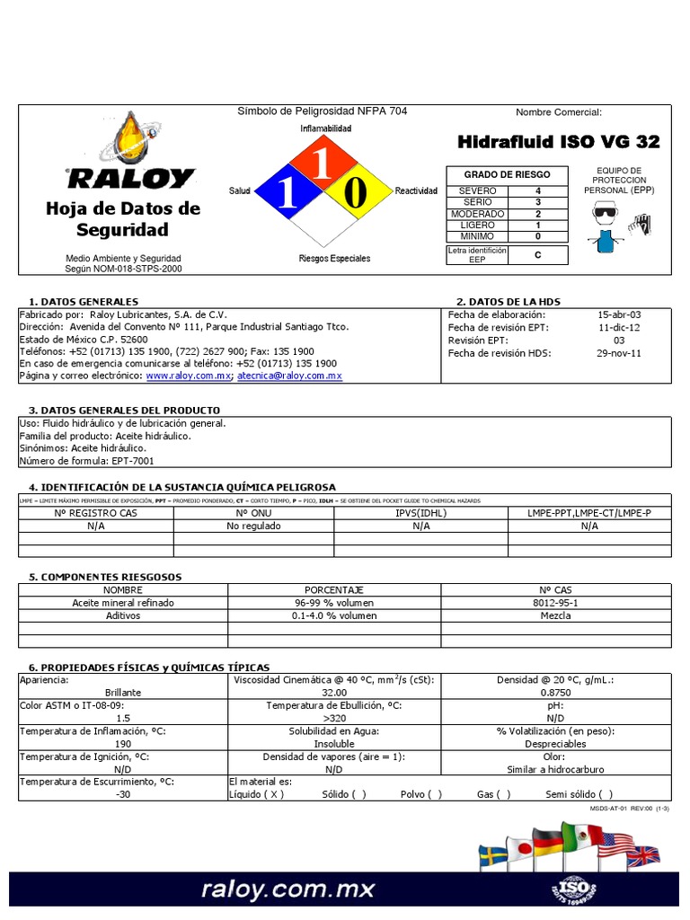Hoja Seguridad Aceite Hidraulico Iso Vg32 | PDF | Sustancias químicas ...