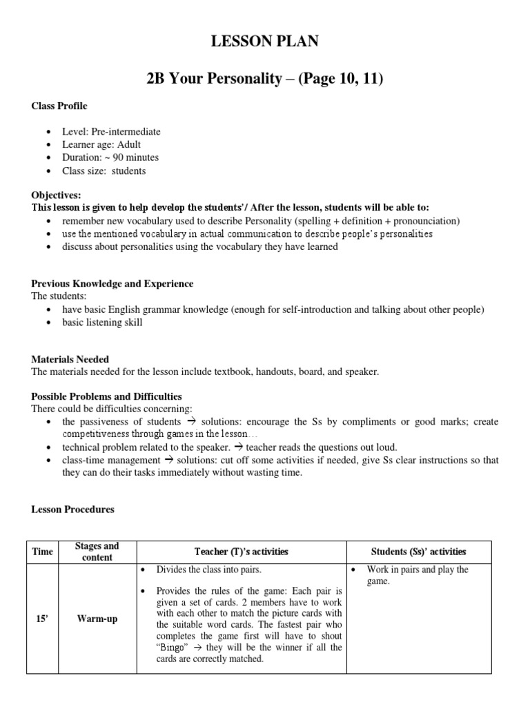 Lesson Plan 2B Your Personality - (Page 10, 11) : Class Profile | PDF ...
