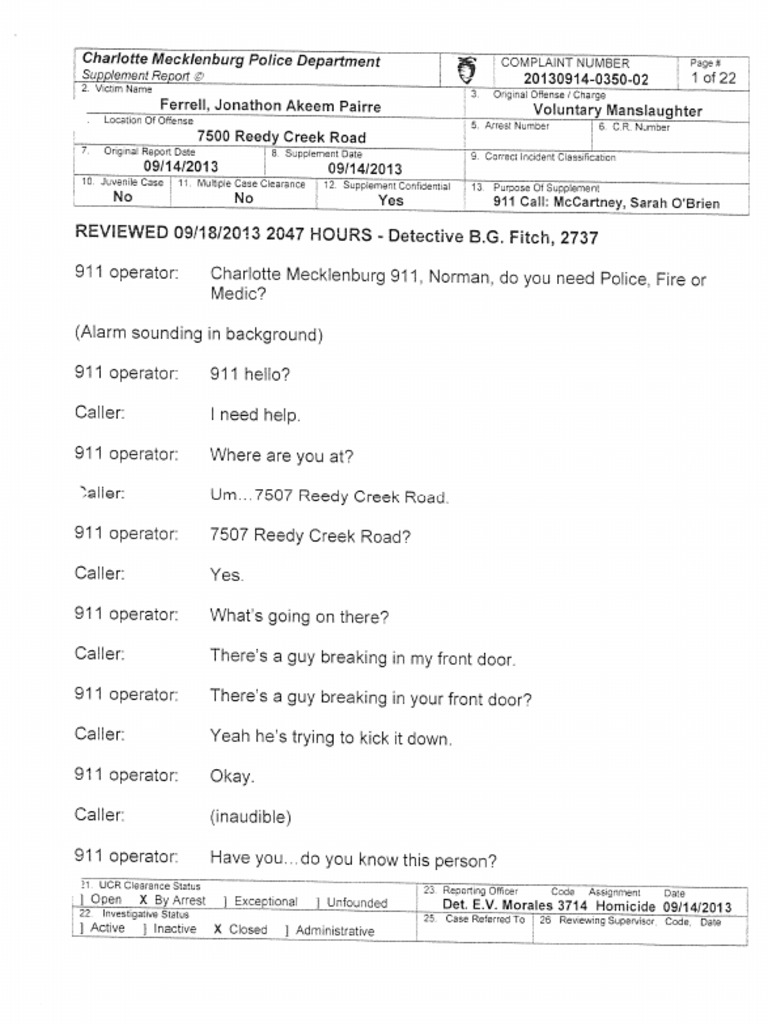 911 Call Transcript For Ferrell-Kerrick Case