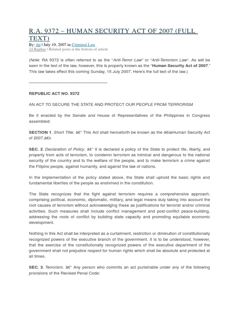 7 - Ra 9372 | PDF | Arrest | Detention (Imprisonment)