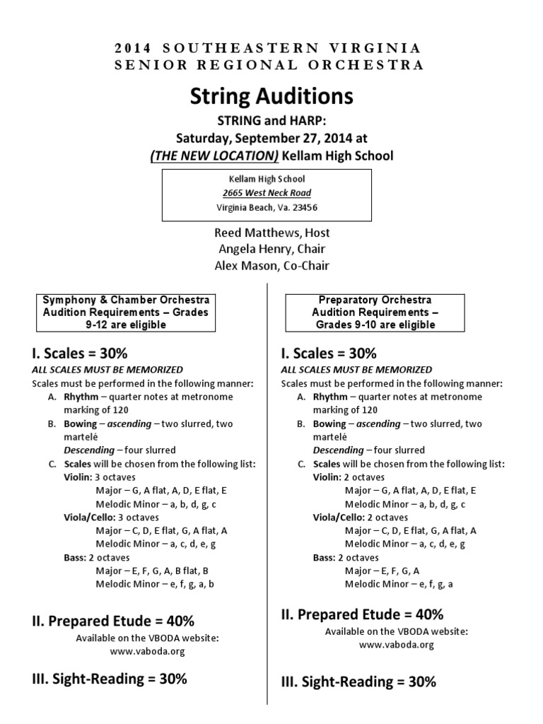Southeastern Virginia Senior Regional Orchestra String Audition Requirements | PDF | Orchestras ...