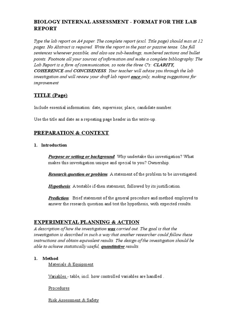 Biology Internal Assessment - Format For The Lab | PDF