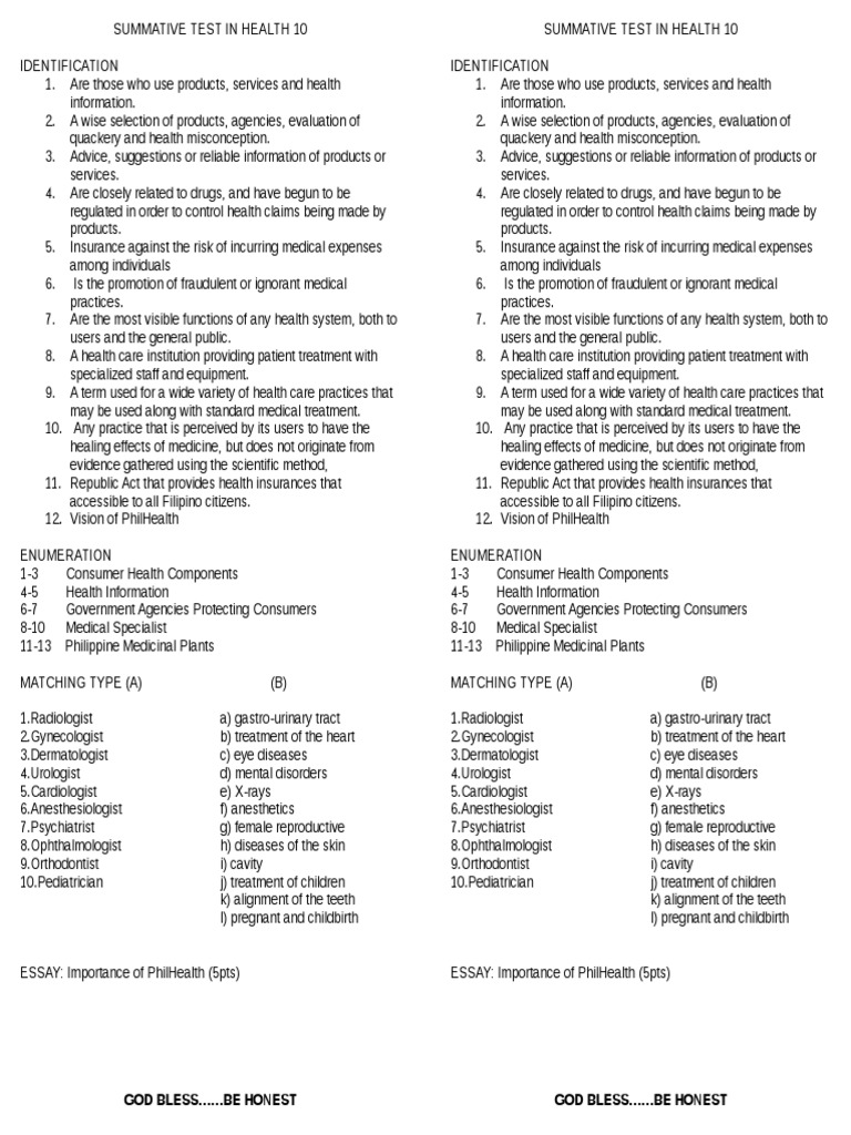 Summative Test in Health 10 | Download Free PDF | Health System ...