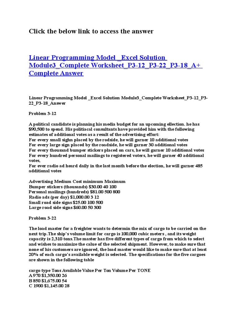 Linear Programming Model - Excel Solution Module3 - Complete Worksheet ...