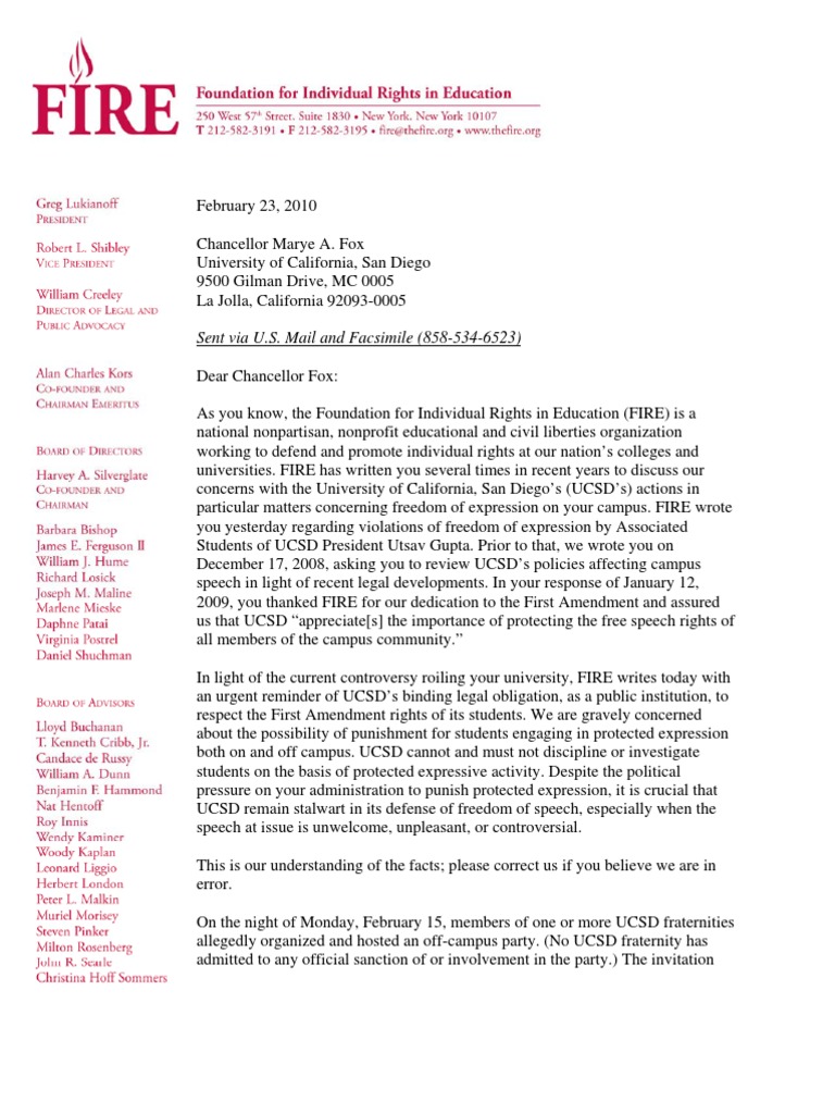 FIRE Letter To University of California, San Diego, Chancellor Marye A ...