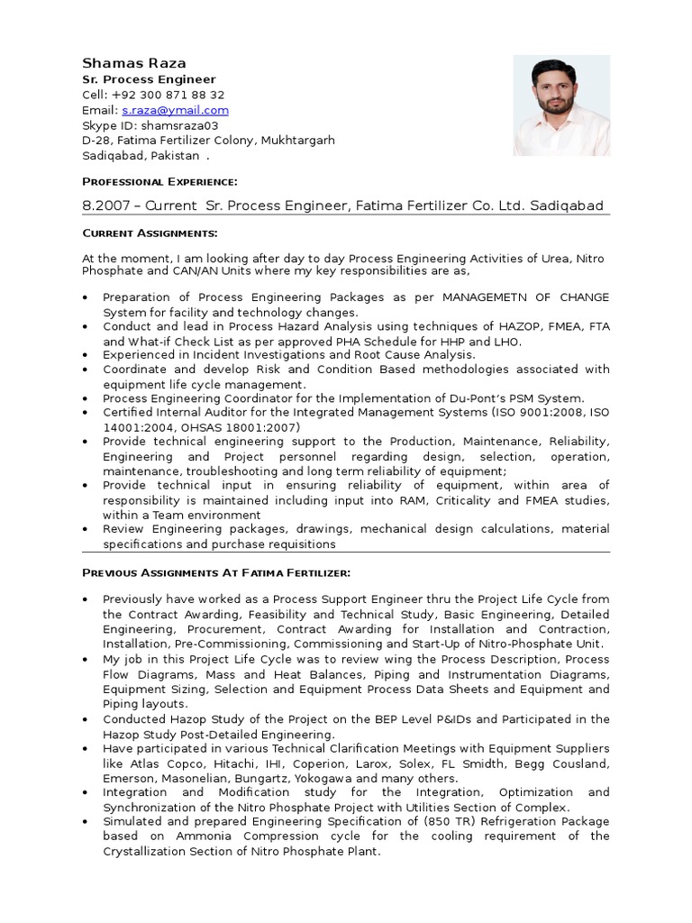 Shams Raza Resume | PDF | Filtration | Reliability Engineering