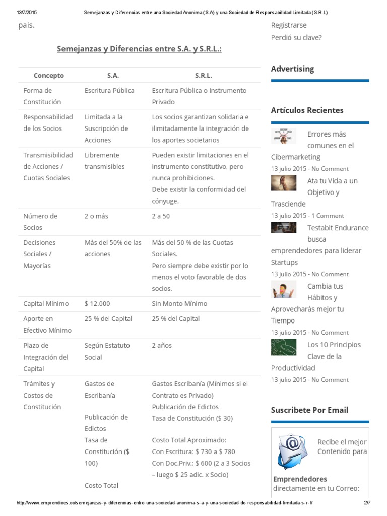 Semejanzas y Diferencias Entre Una Sociedad Anonima (S.a) y Una Sociedad de Responsabilidad ...
