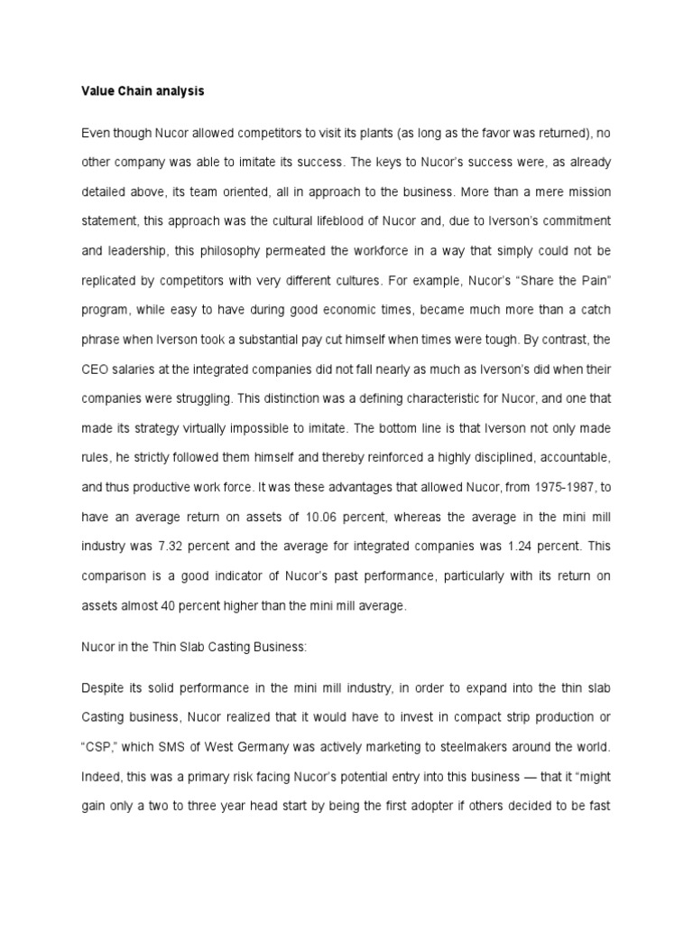 Nucor Value Chain Analysis | PDF | Strategic Management | Steel Mill