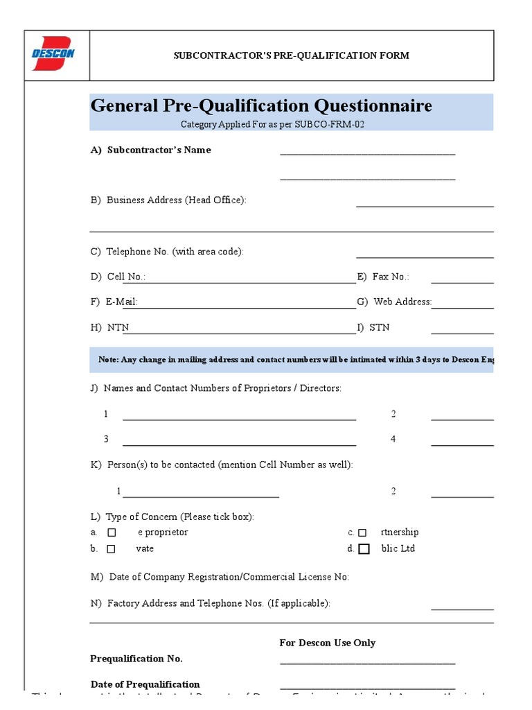 Subcontractor Pre-Qualification Form | PDF | Furnace | Metal Fabrication