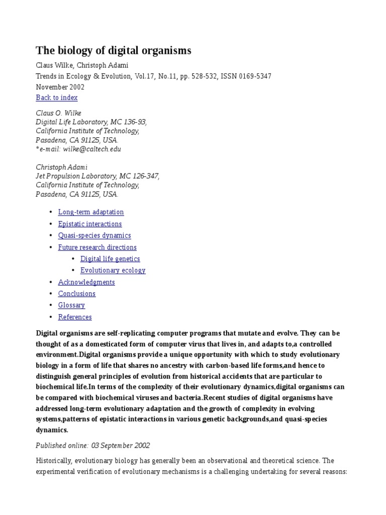 Biology of Digital Organisms Explained | PDF | Epistasis | Evolution