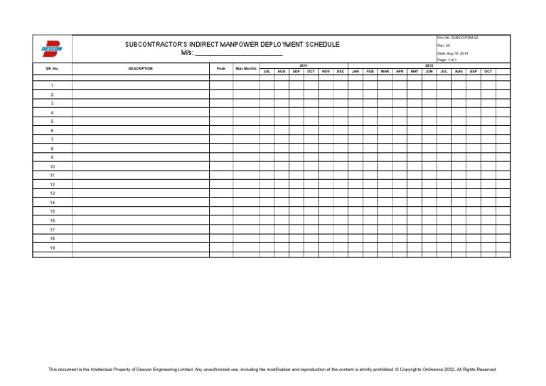 SUBCO-FRM-22 Subcontractor's Indirect Manpower Deployment Schedule | PDF