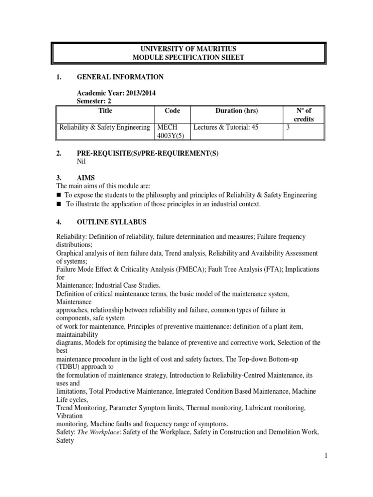 University of Mauritius Module Specification Sheet | PDF | Reliability ...