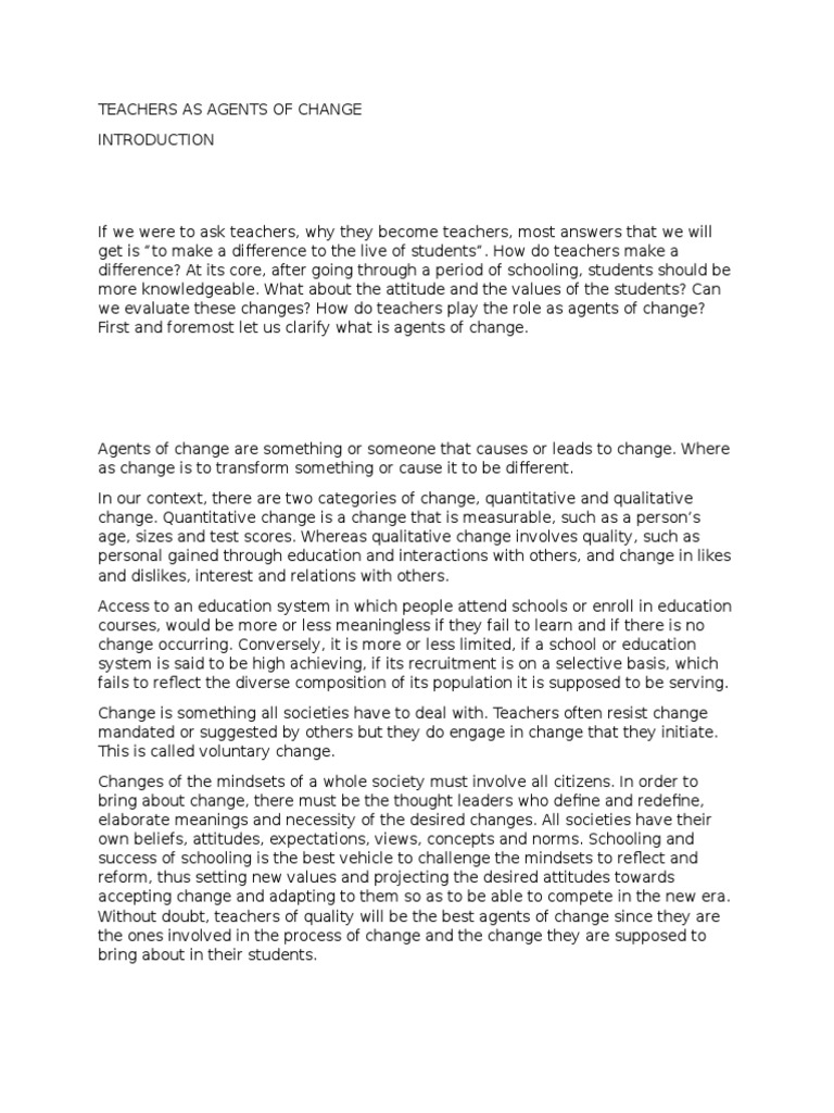 Teachers As Agents of Change | PDF | Lifelong Learning | Creativity