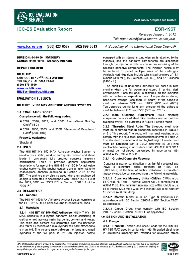 Icc Esr-1967 Hit-Hy 150 Masonry | PDF | Galvanization | Structural Load