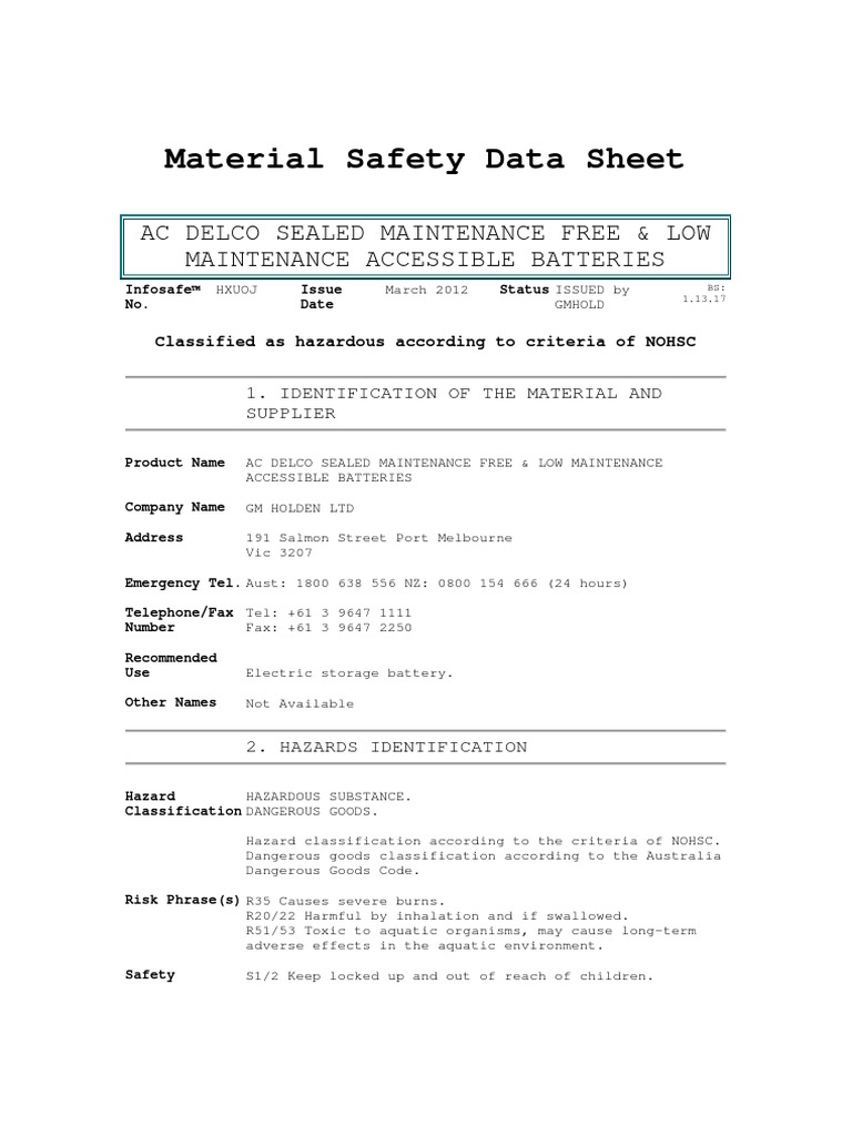 MSDS SMF Lead Acid Battery | PDF | Sulfuric Acid | Lead