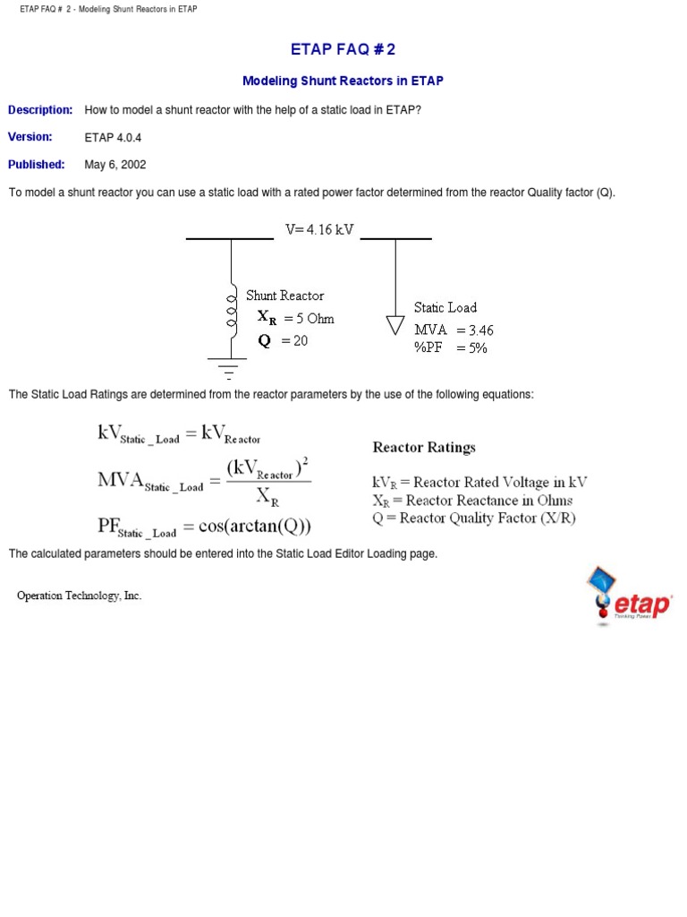 ETAP FAQ Modeling Shunt Reactors | PDF
